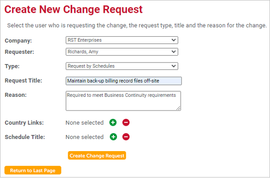 The Create New Change Request Page